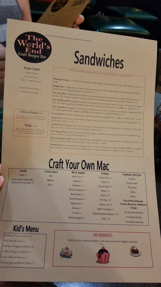 Menu at The World's End Craft Burger Bar, Roseville