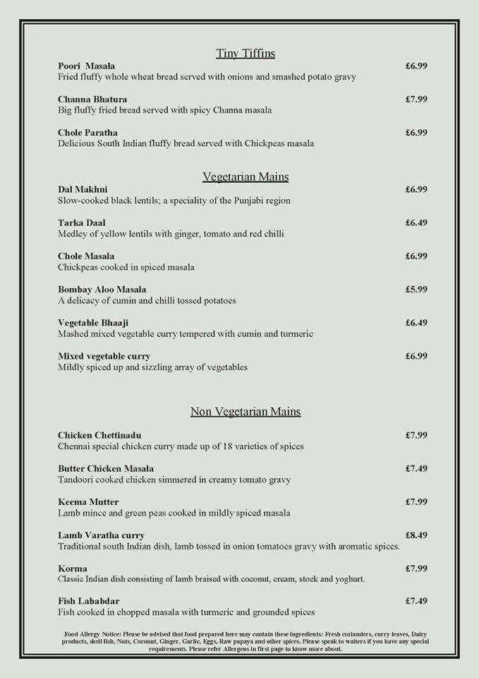 Menu at Thela restaurant, Cambridge