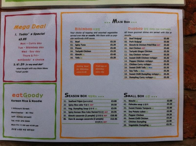 Menu at eatGOODY restaurant, Manchester, 1 Hillcourt St