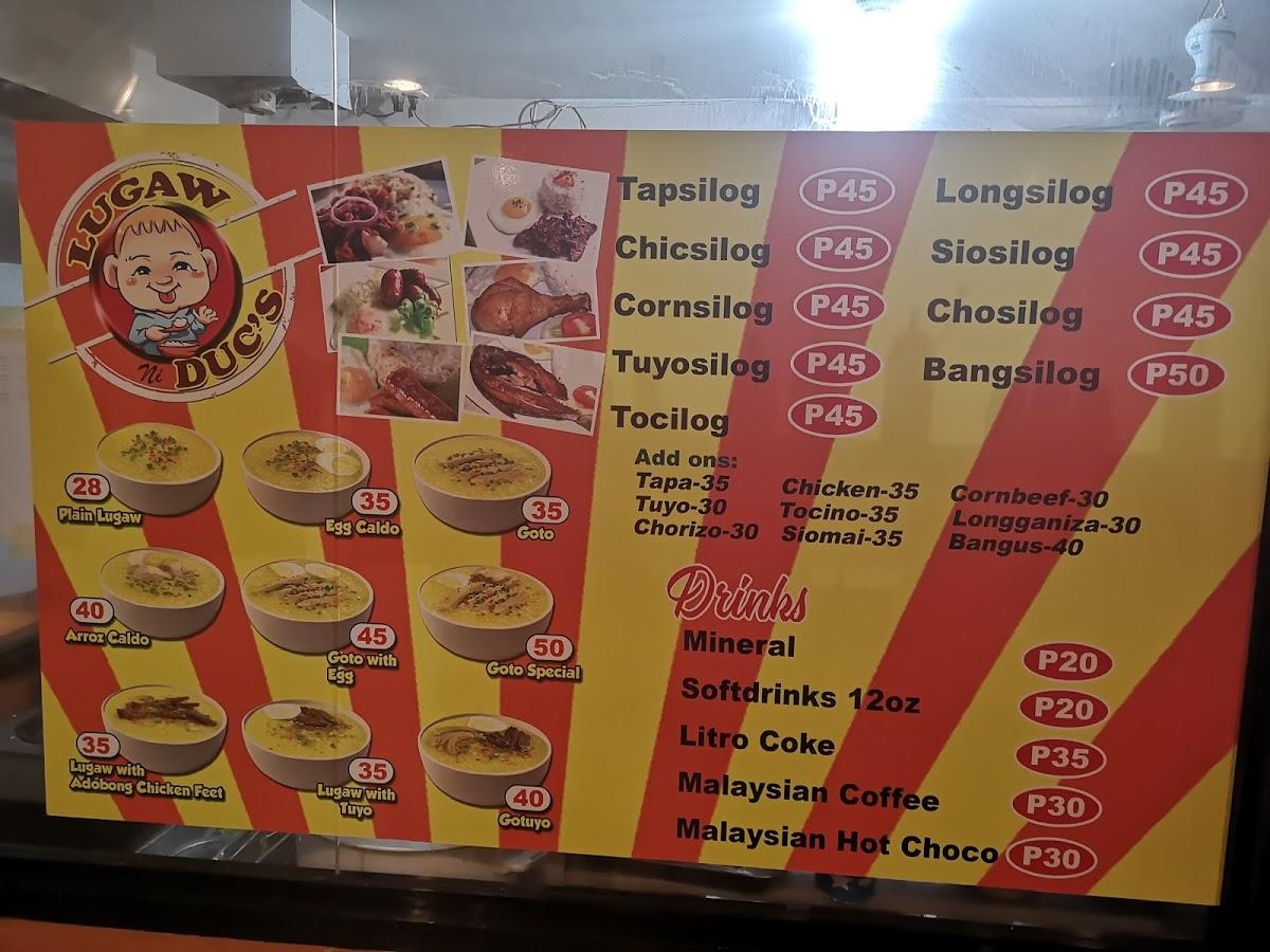 Menu at Lugaw ni duc restaurant, Zamboanga