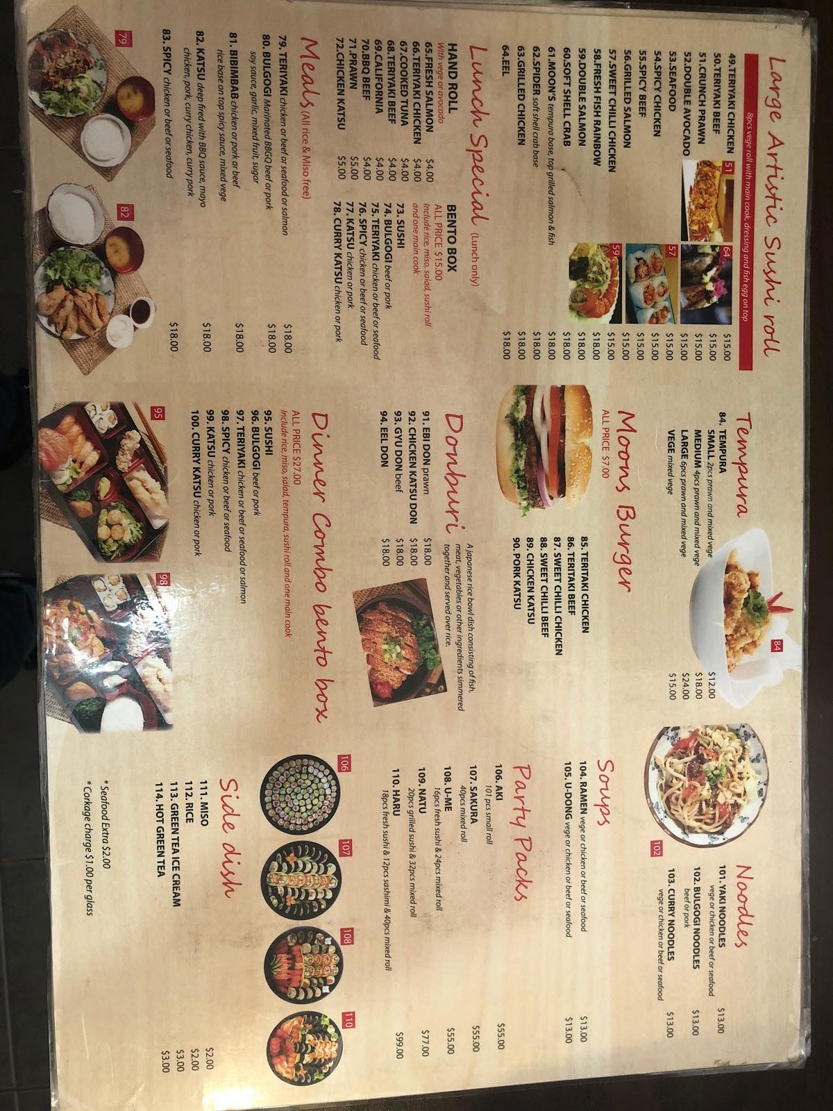 Menu at Moon Sushi Wollongong restaurant, Wollongong, 3/26 Gladstone Ave