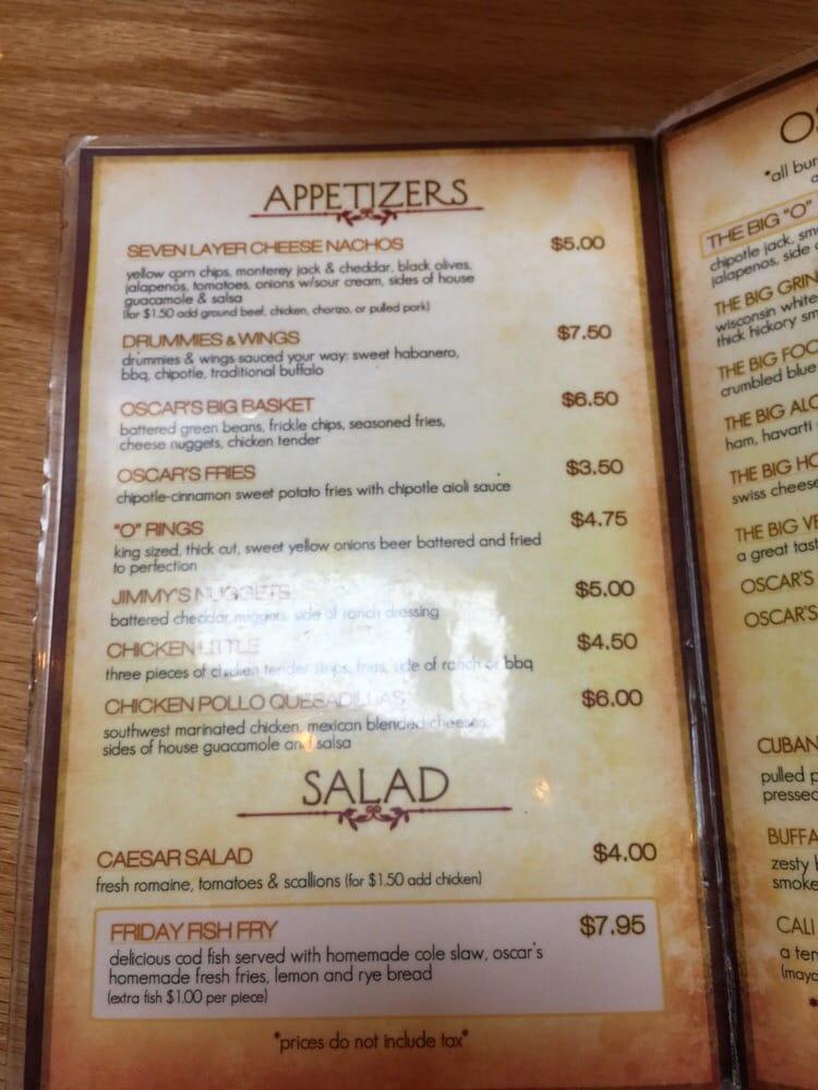 Menu at Oscar's Pub & Grill, Milwaukee