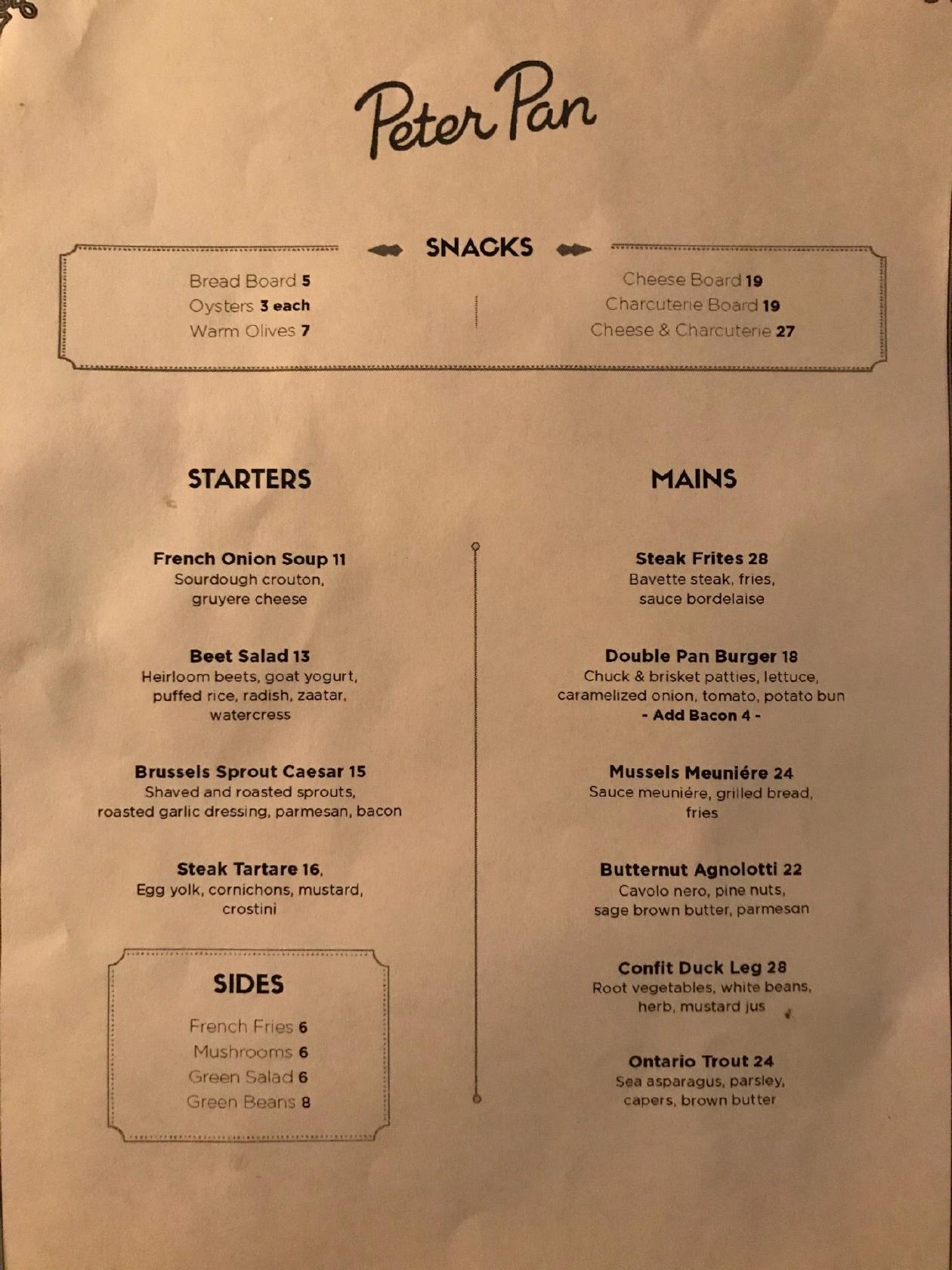 Menu at Peter Pan Bistro restaurant, Toronto