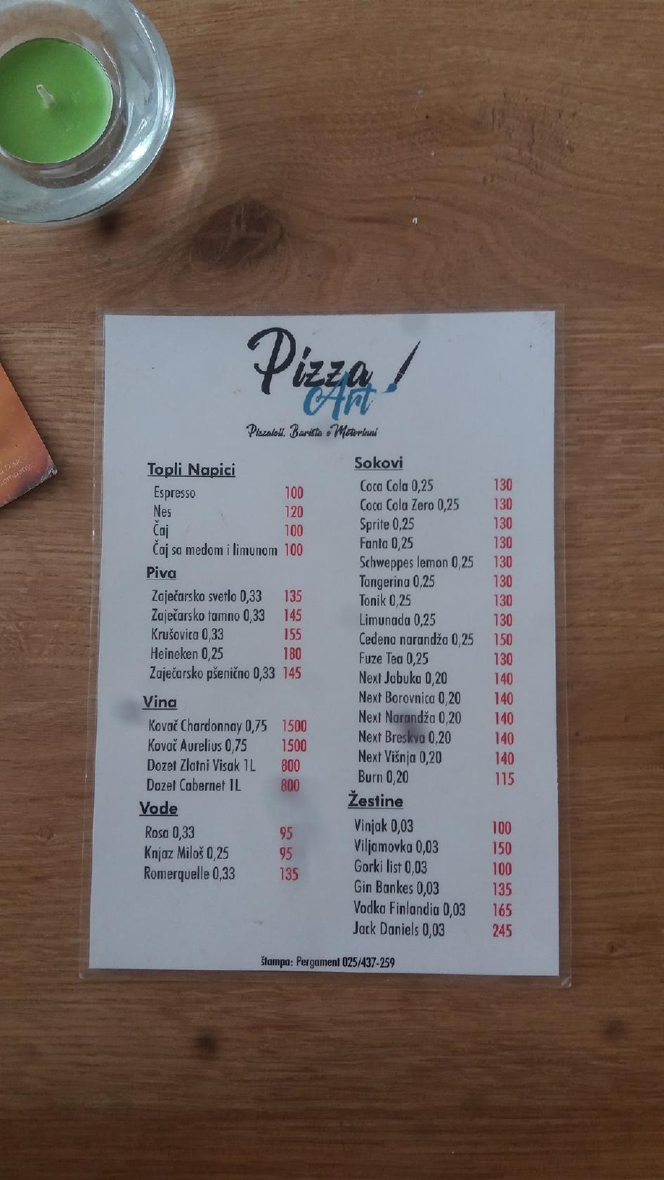 Menu at Pizza Art - picerija & caffee restaurant, Sombor