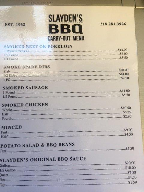Menu at Slayden's Bar-B-Que, Bastrop