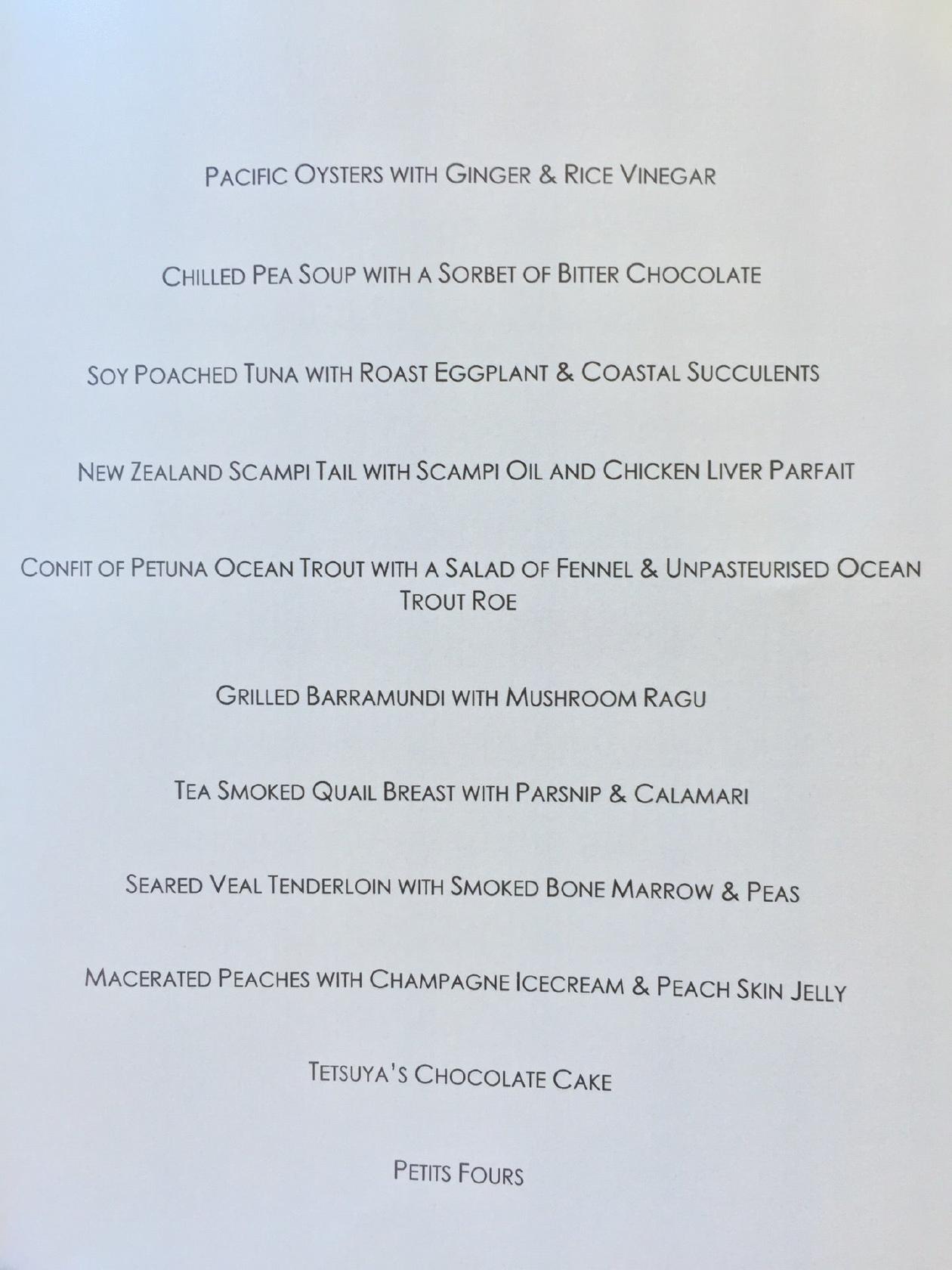 Menu at Tetsuya's Restaurant, Sydney