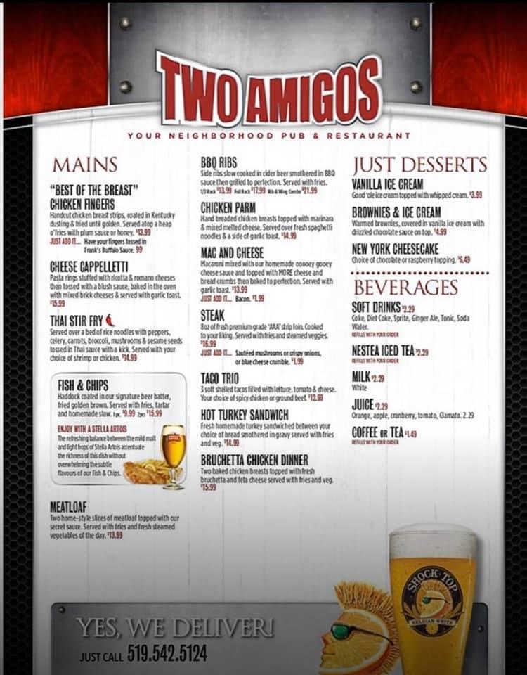 Menu at Twos pub & bar, Sarnia