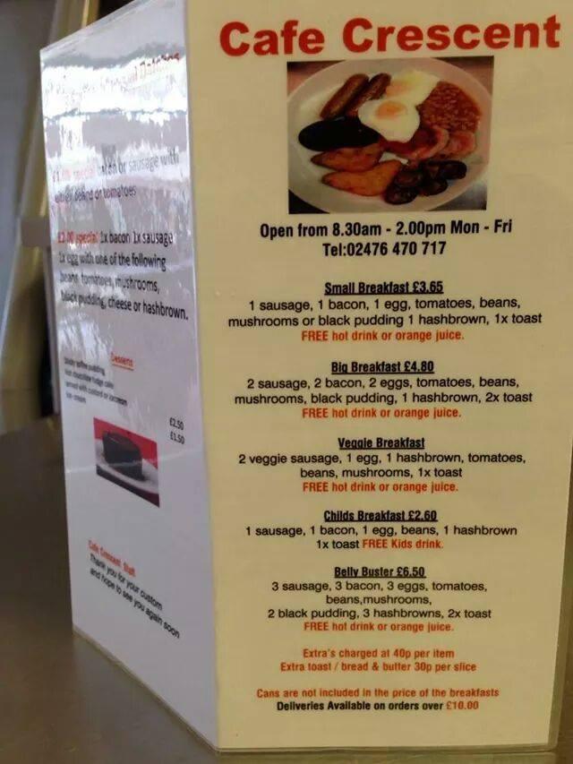 Menu at cafe crescent, Coventry