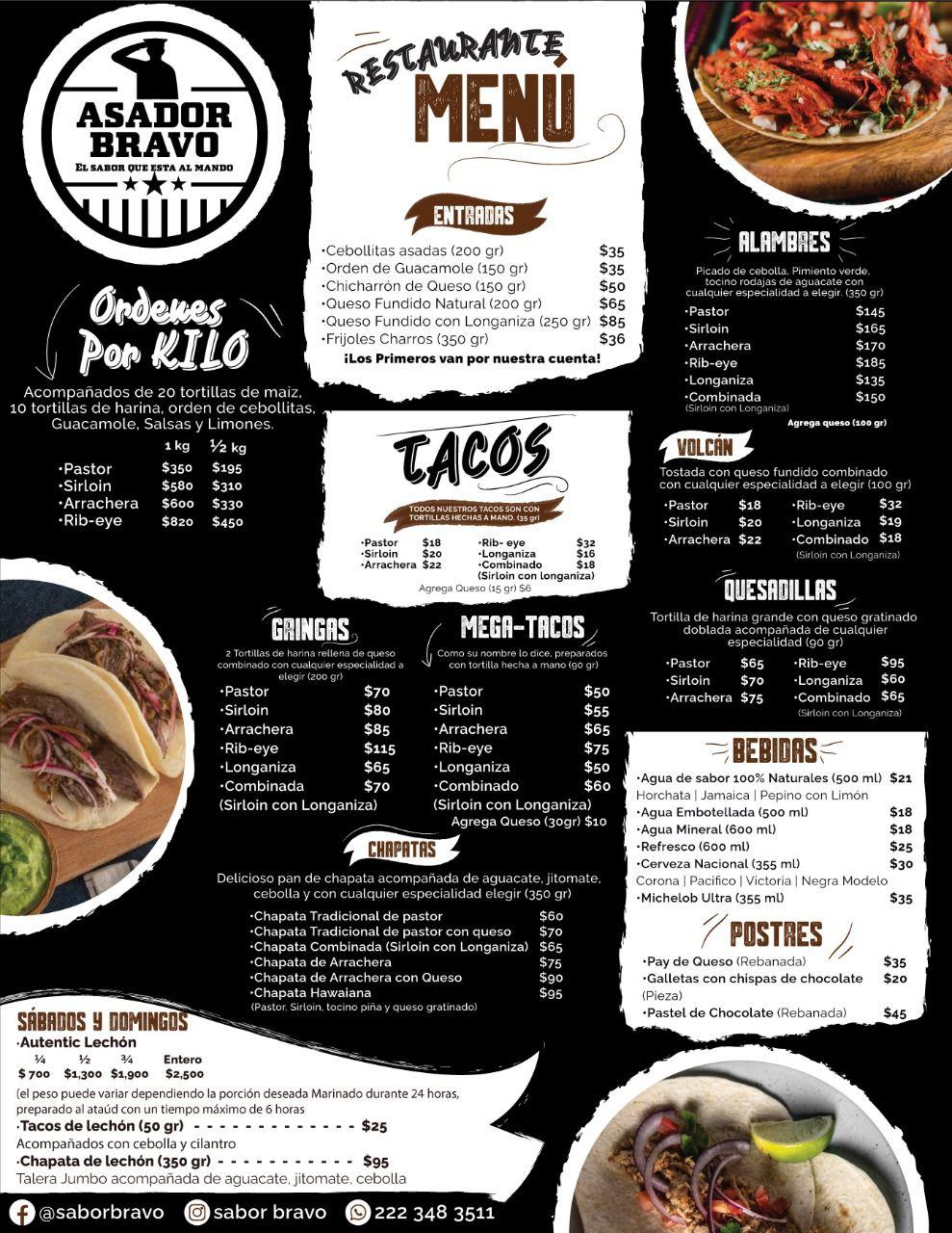 Menu at Asador Bravo Cholula restaurant, San Andres Cholula