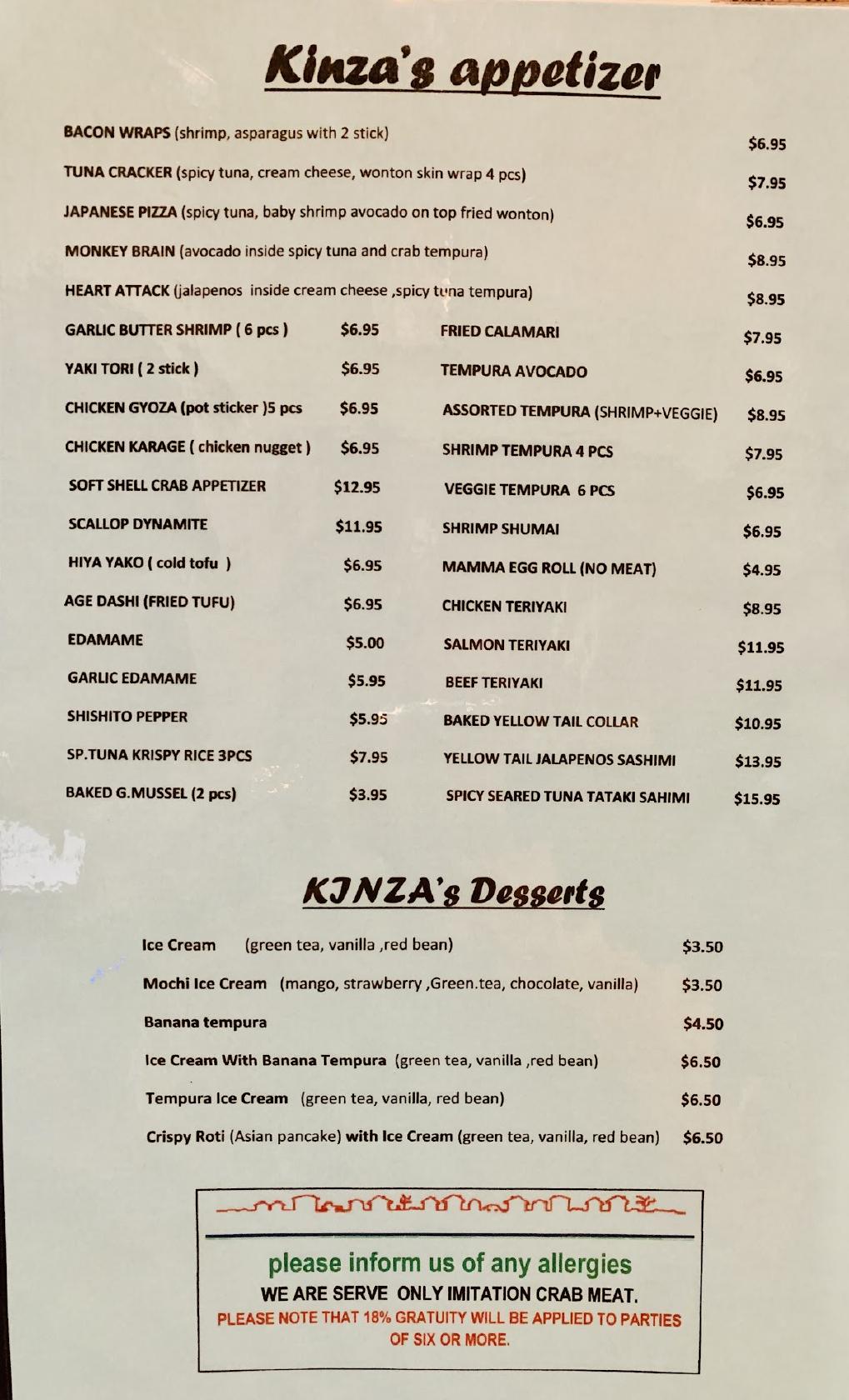 Menu at Kinza Sushi and Asian Izakaya restaurant, Stevenson Ranch
