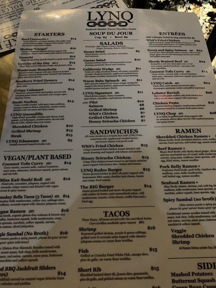 Menu at LYNQ restaurant, Fort Myers, Summerlin Rd #223