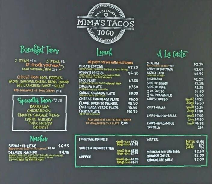 Menu at Mima's Tacos To Go restaurant, Canyon Lake