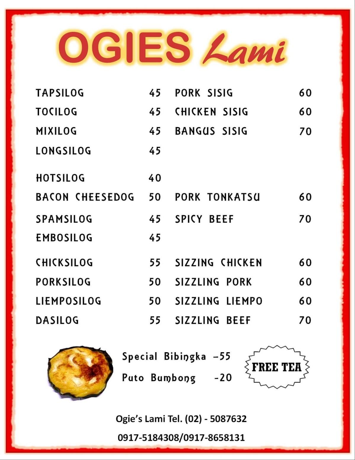 Menu at Ogies Lami restaurant, Manila