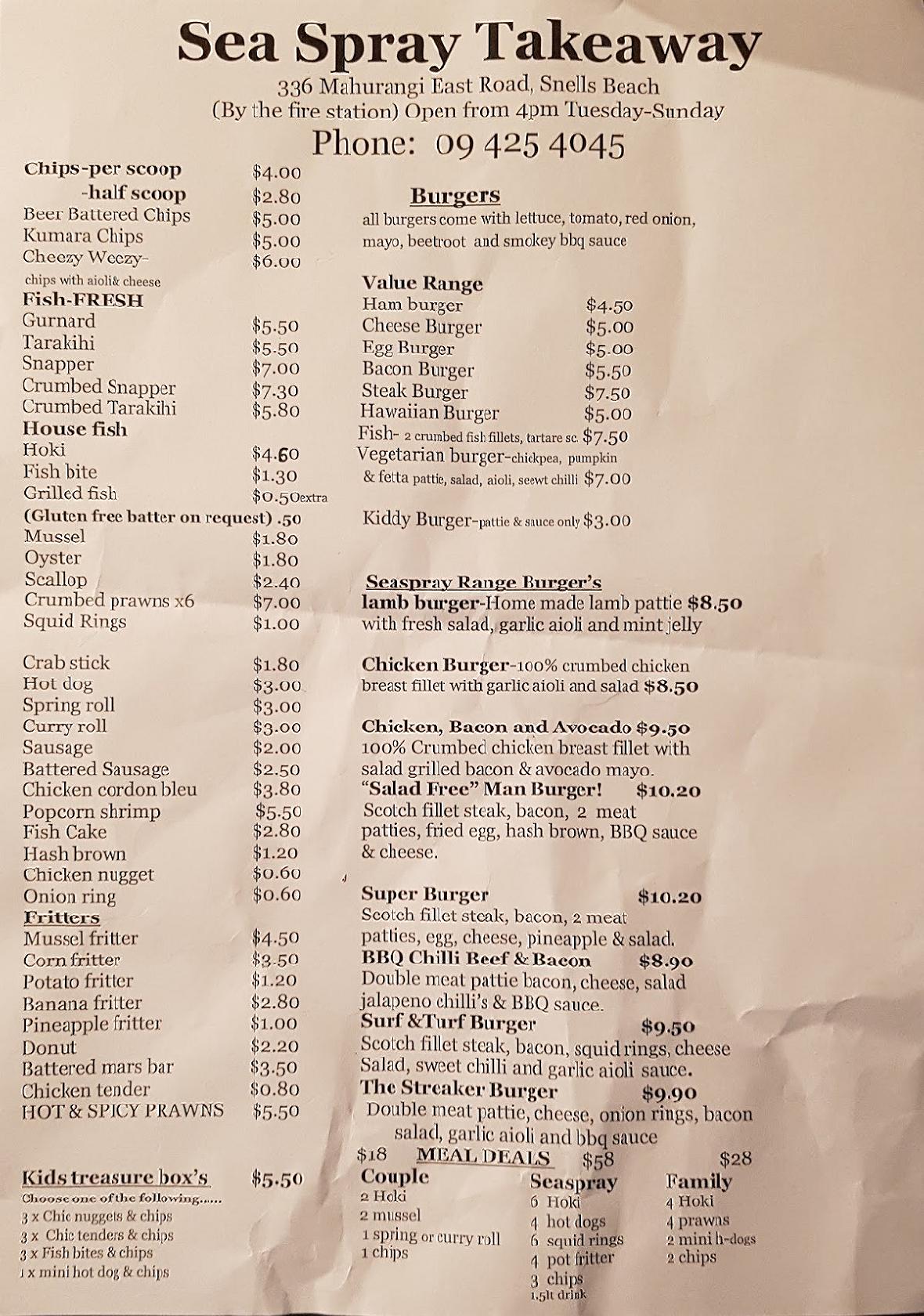 Menu at Seaspray Takeaways restaurant, Snells Beach