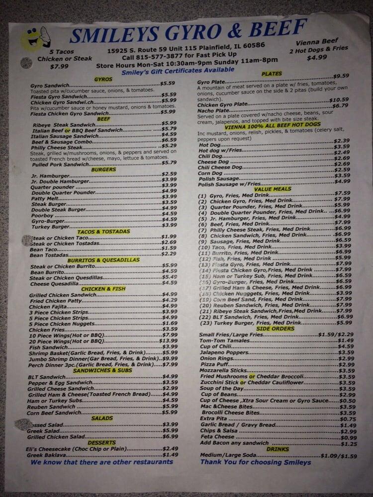 Menu at Smiley's Gyros & Beef fast food, Plainfield