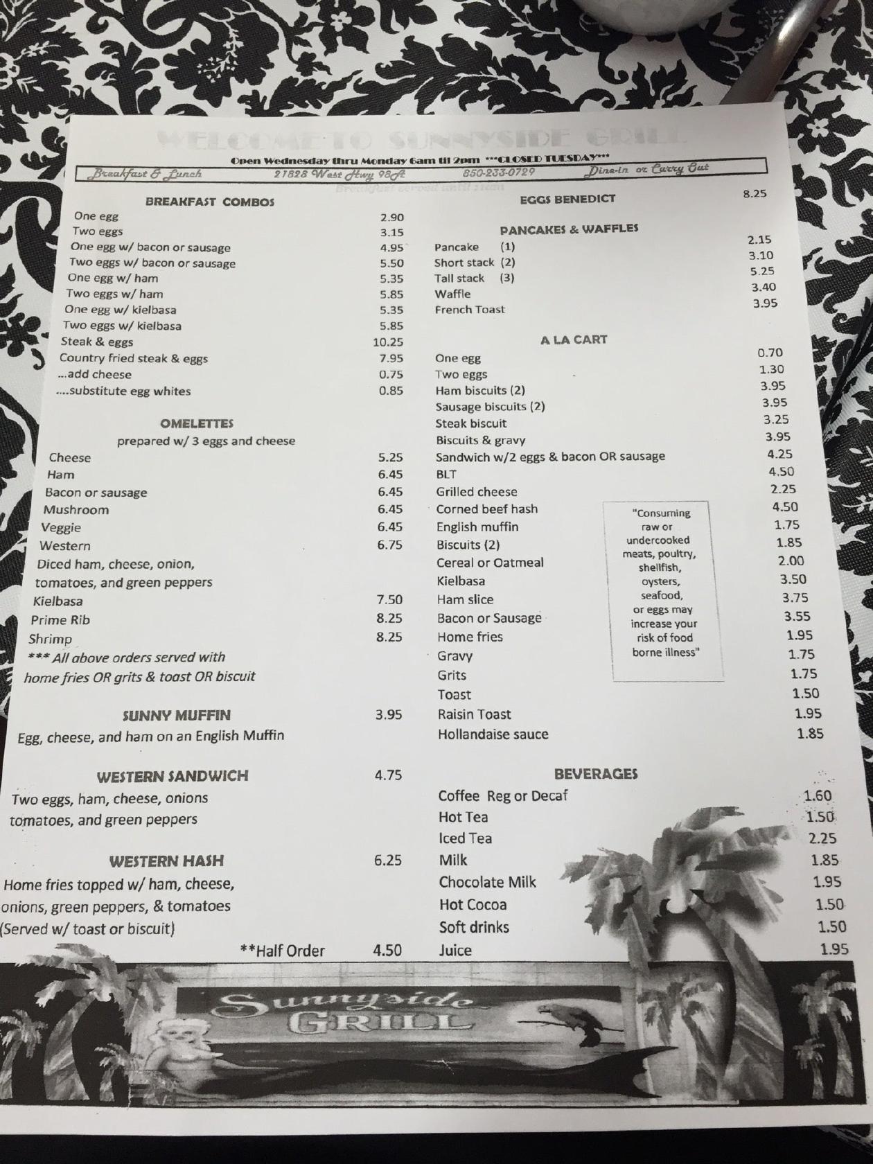 Menu at Sunnyside Grill restaurant, Panama City Beach