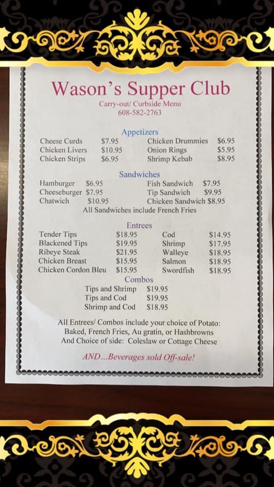 Menu at Wason's Supper Club, Galesville, WI-54