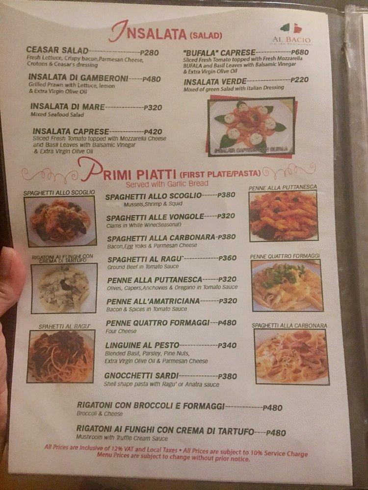 Menu at Al Bacio Italian Restaurant - Angeles City, Angeles