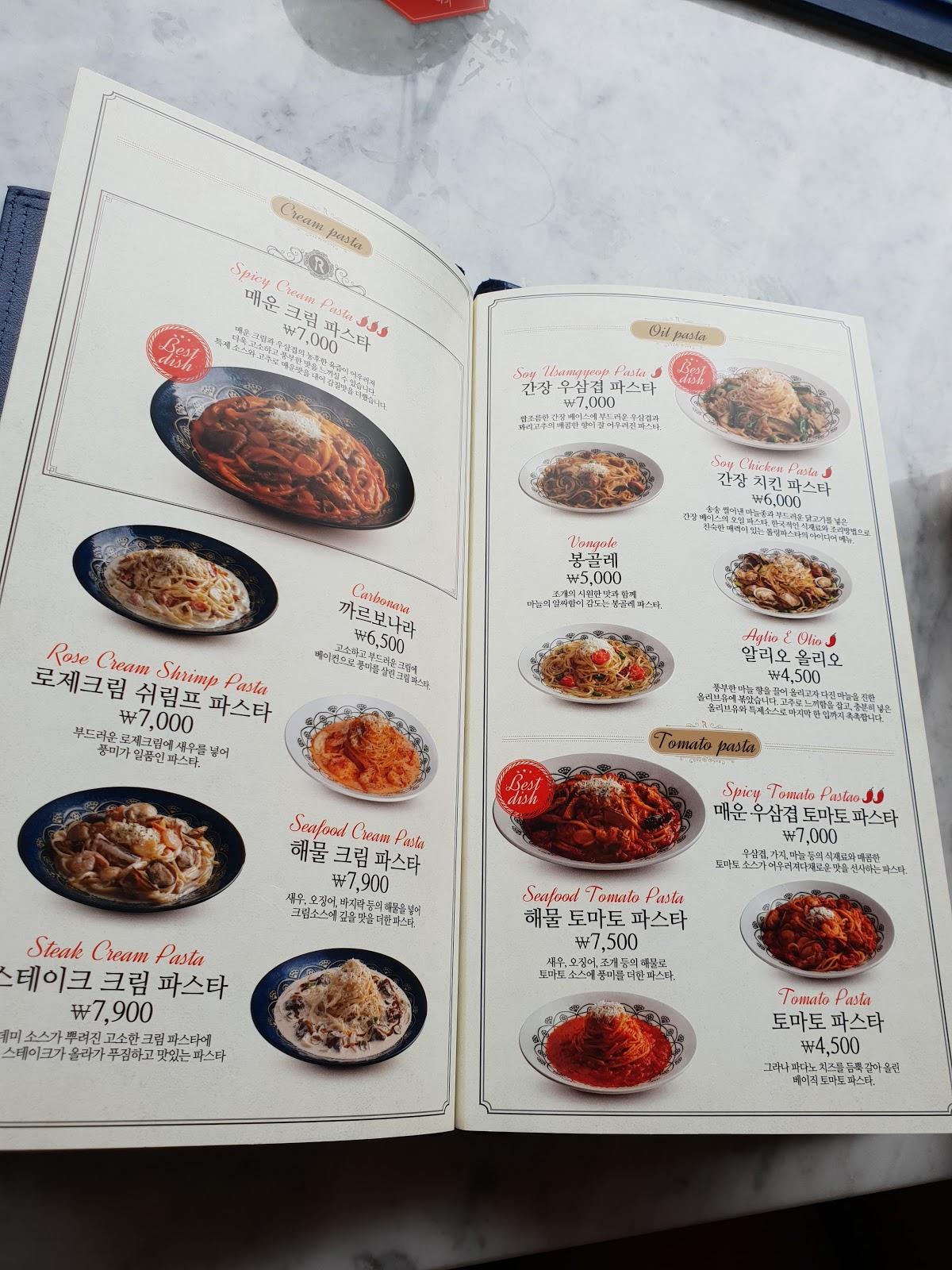 Menu at Rolling Pasta restaurant, Seoul, 5-1 Hwayang-dong