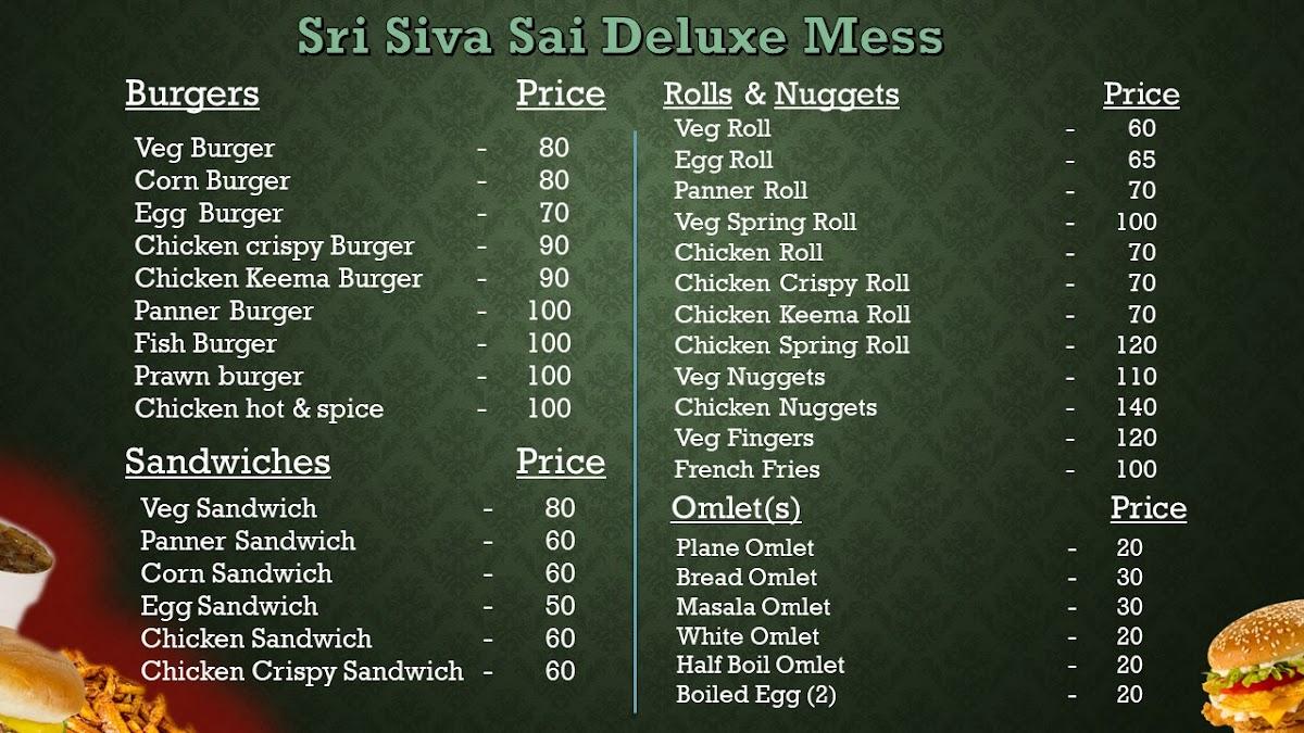 Menu at Sri Siva Sai Deluxe Mess, Hyderabad