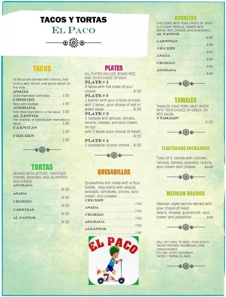Menu at Tacos y Tortas El Paco restaurant, Boise