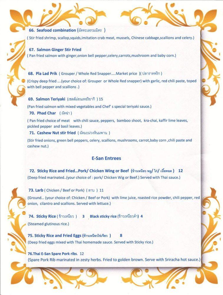 Menu at Thai E-San Restaurant, Myrtle Beach