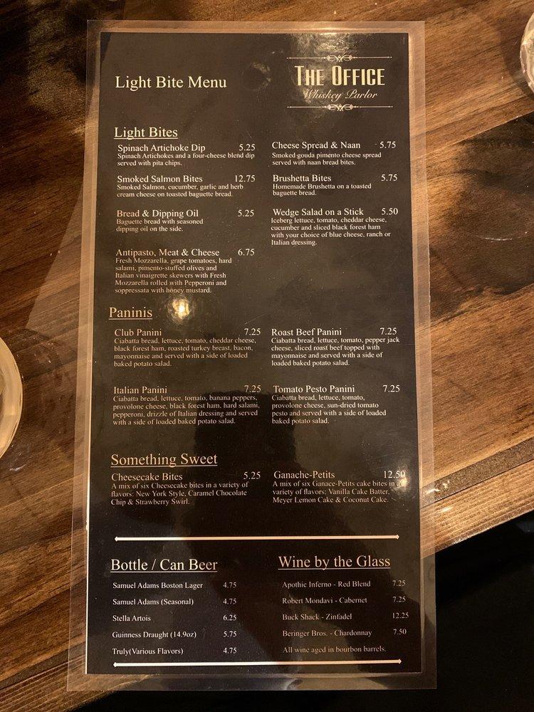 Menu at The Office Whiskey Parlor pub & bar, Parkersburg
