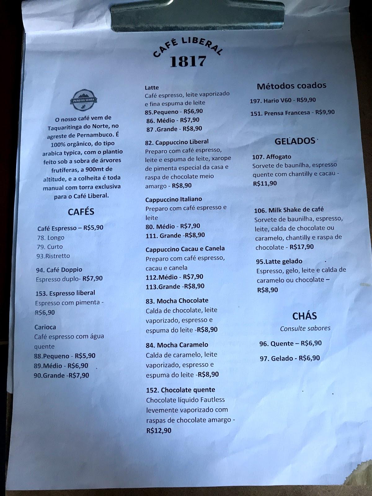 Menu em Café Liberal 1817, Recife