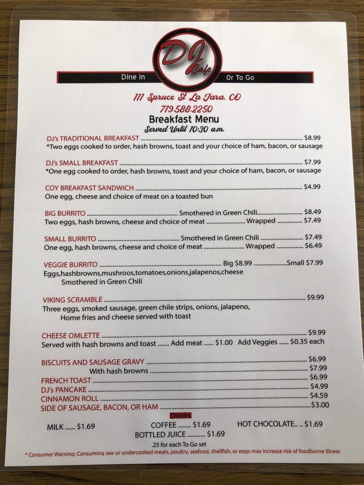 Menu at DJ' Cafe, La Jara