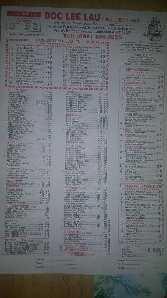 Menu at Doc Lee Lau Chinese Restaurant, Lindenhurst