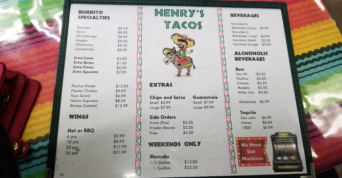 Menu at Henry's Tacos restaurant, Justice