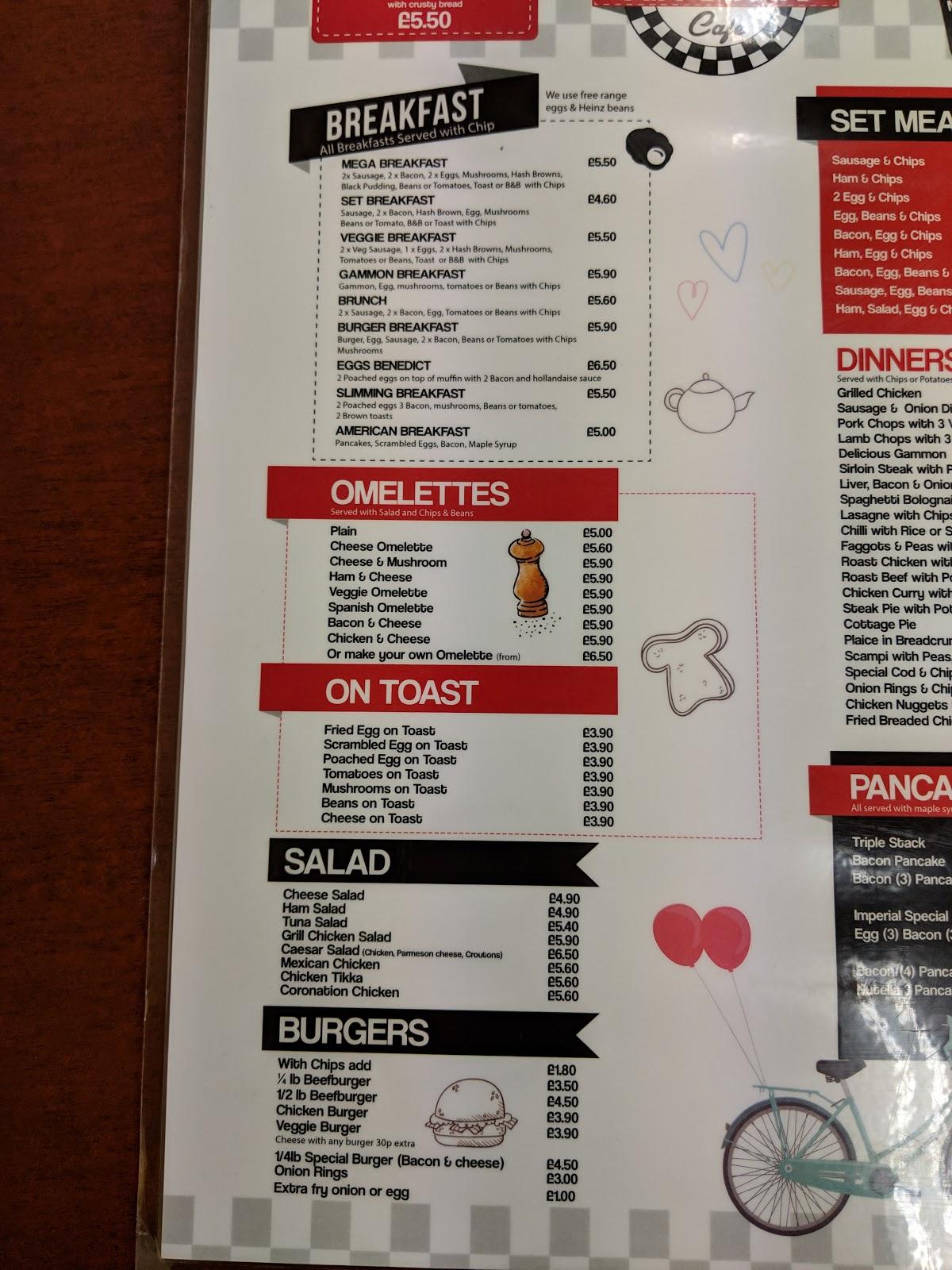 Menu at Imperial Cafe, Cardiff