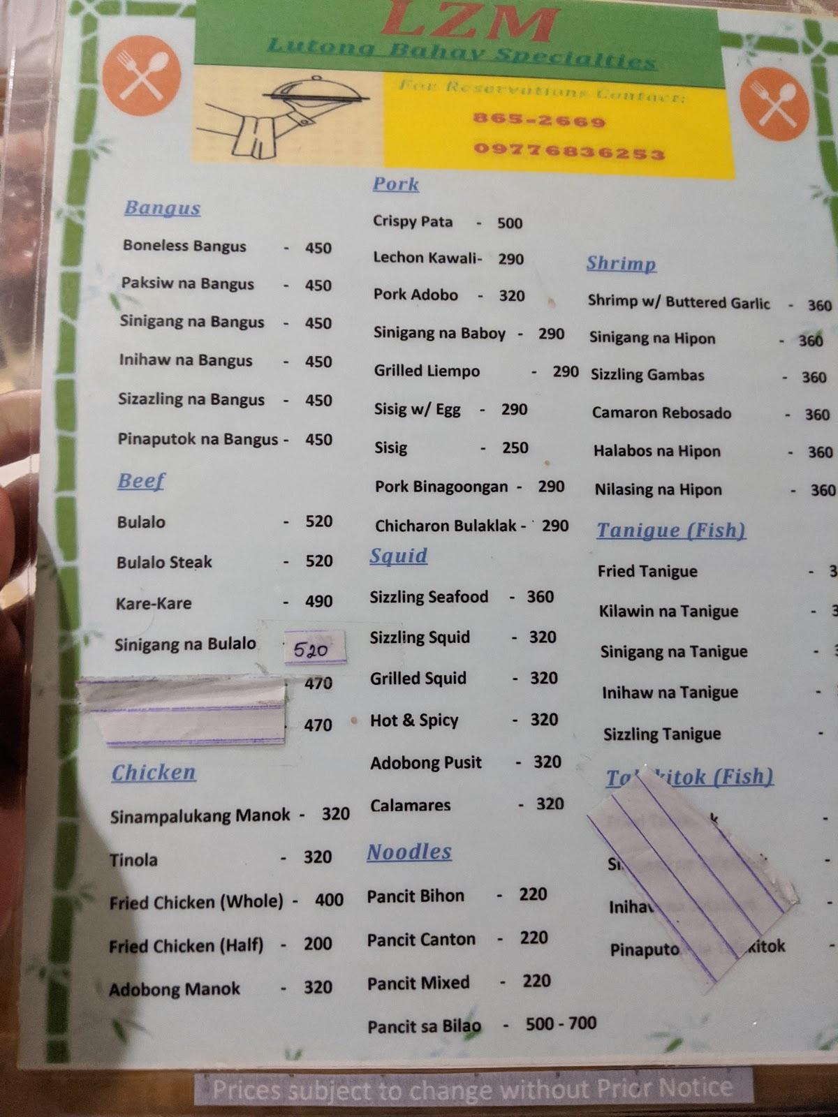 Menu at LZM Restaurant Lutong Bahay Specialties, Silang