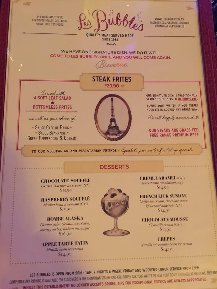 Menu at Les Bubbles Steakhouse, Fortitude Valley