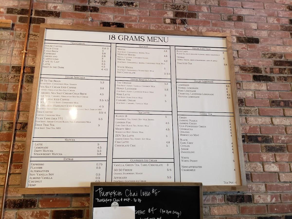 Menu at 18 Grams Coffee & Tea cafe, Elk Grove