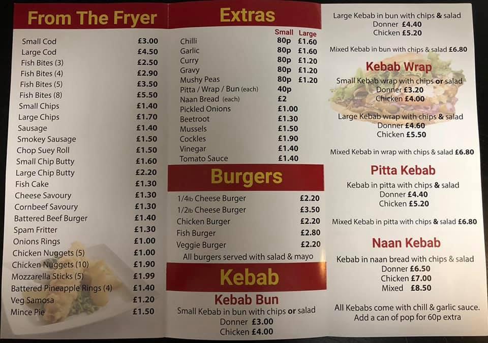 Menu at Adelaide Fish Bar, Newcastle upon Tyne