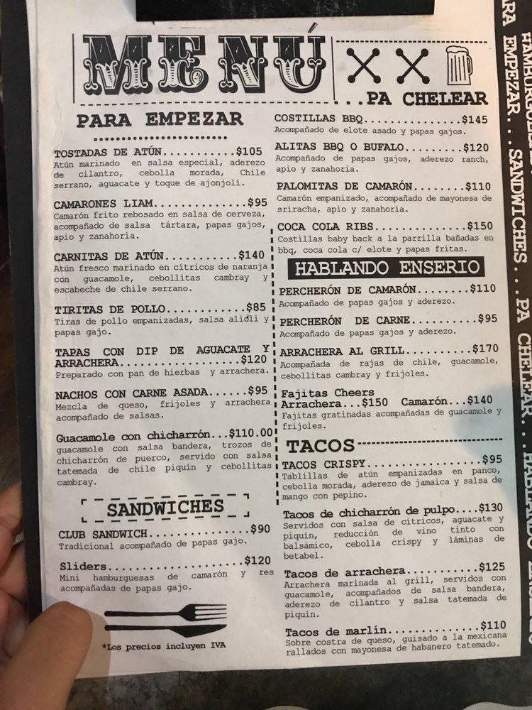 Carta de Restobar Cheers, Mazatlán