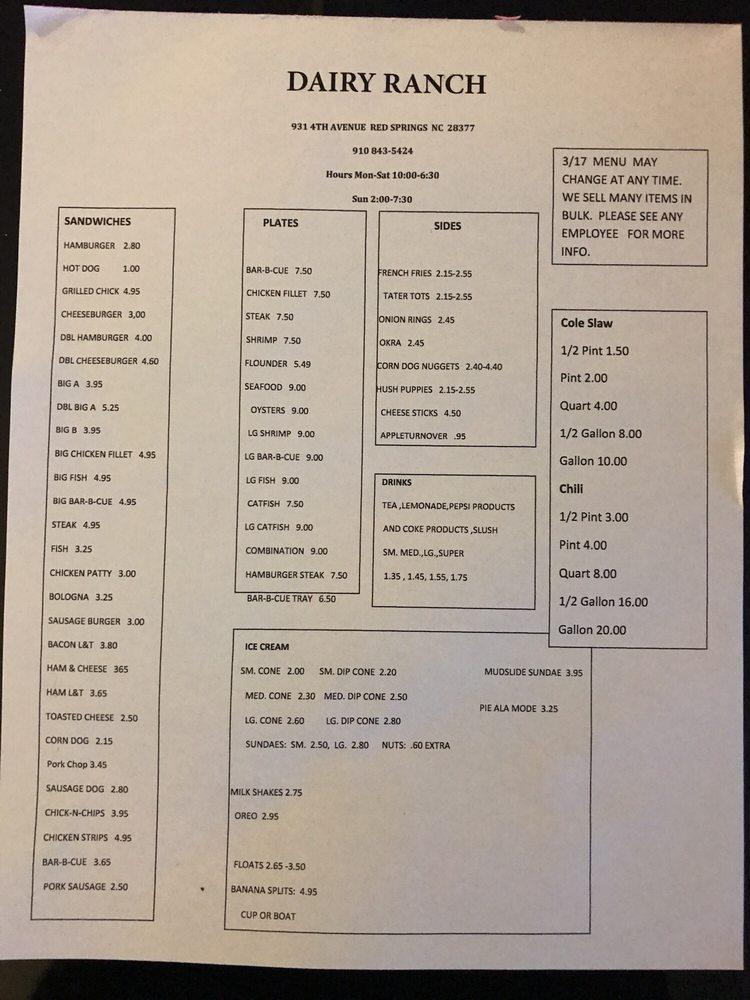 Menu at Dairy Ranch restaurant, Red Springs