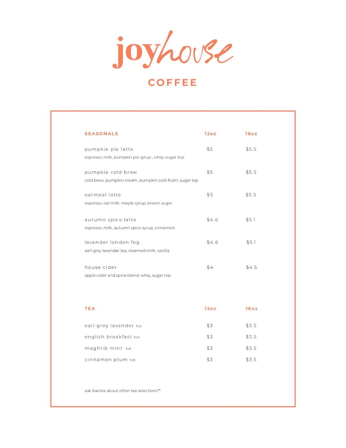 Menu at Joyhouse Coffee cafe, Bismarck
