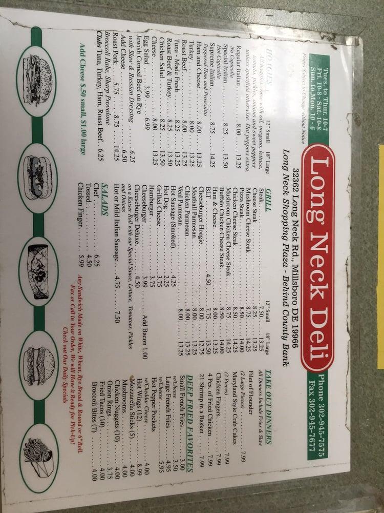 Menu at Long Neck Deli restaurant, Long Neck, Long Neck Rd