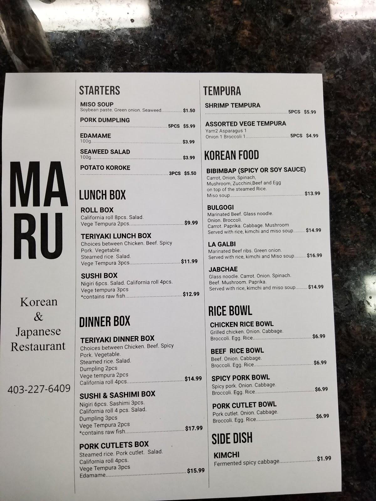 Menu at Maru Korean & Japanese Restaurant, Innisfail