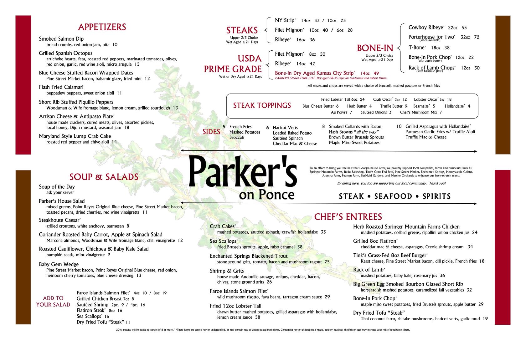 Menu at Parker's on Ponce pub & bar, Decatur
