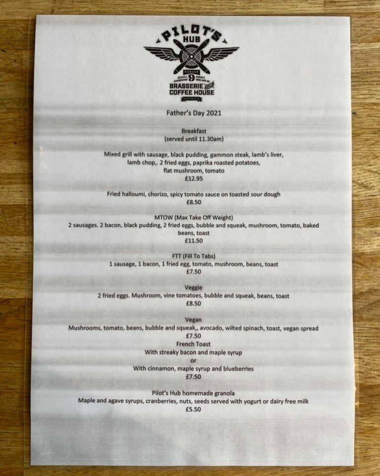 Menu at Pilot's Hub restaurant, Redhill