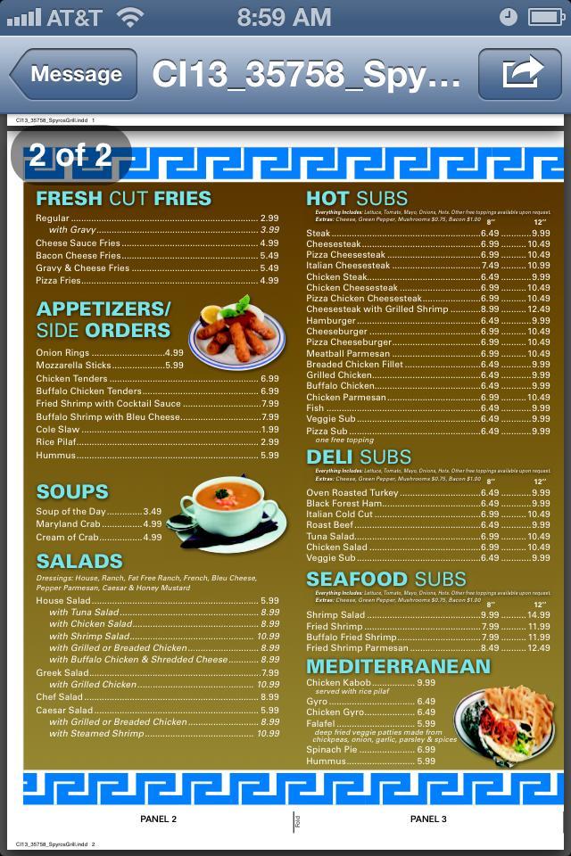 Menu at Spyro's Grill pizzeria, Overlea, Belair Rd