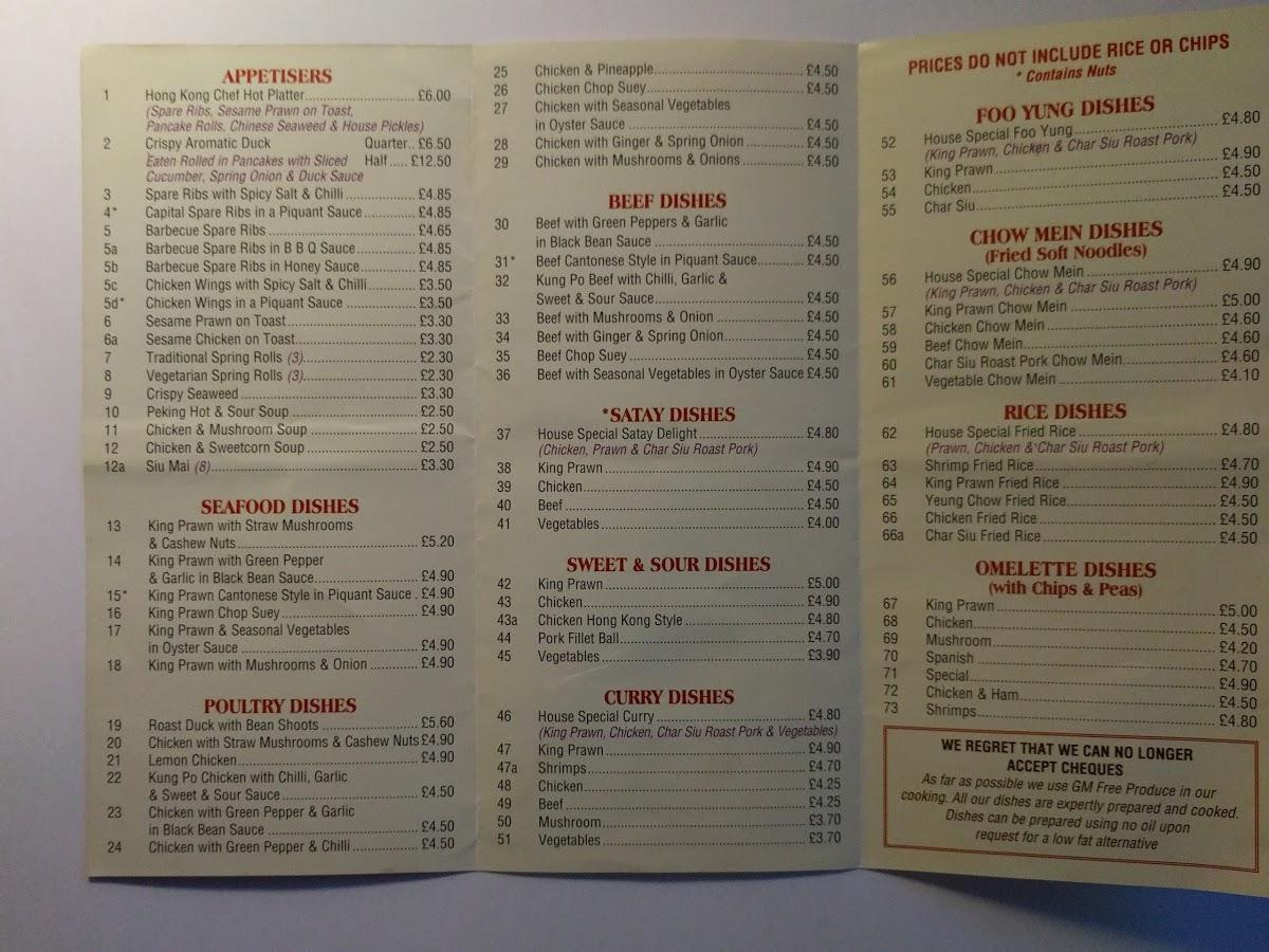 Menu at Hong Kong Chef fast food, Winsford