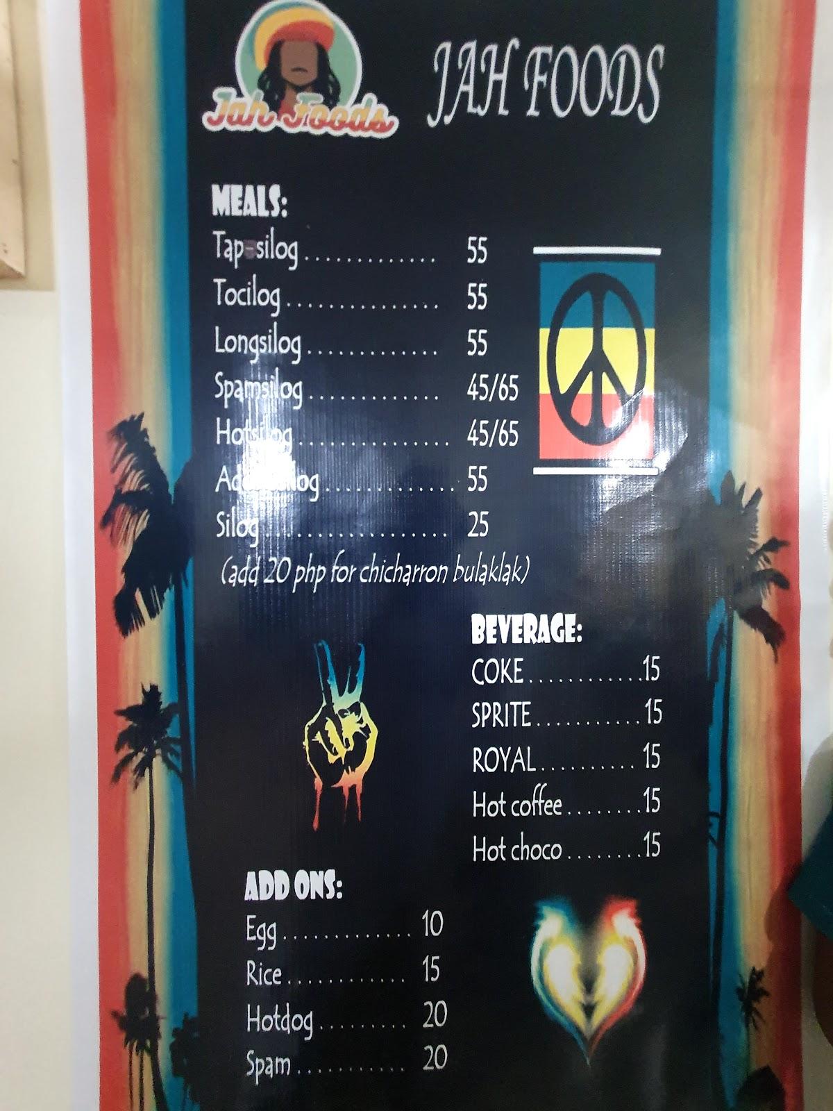 Menu at JAH Foods restaurant, Tanza