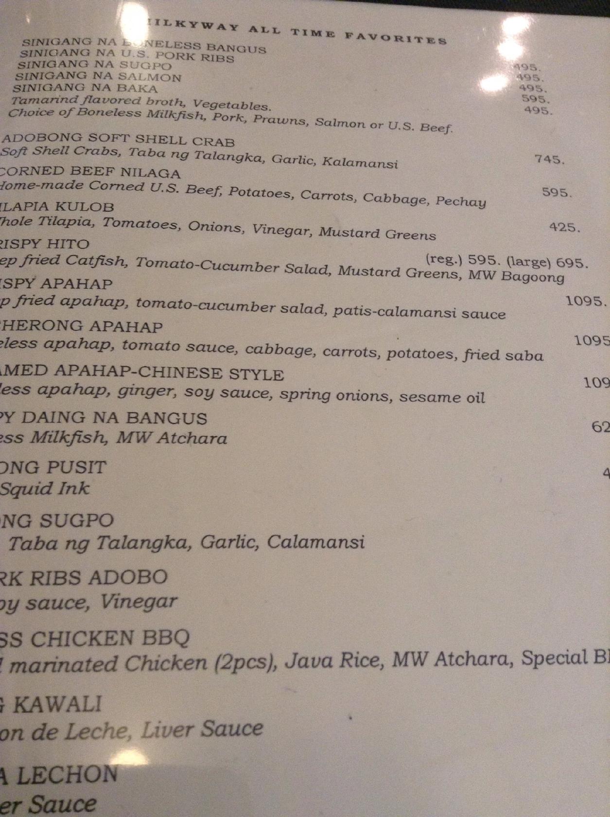 Menu at Milky Way Cafe, Makati, Milkyway