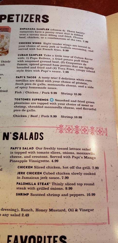 Menu at Papi's Cuban & Caribbean Grill restaurant, Stockbridge
