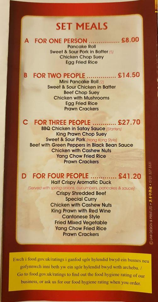 Menu at Seafront Palace fast food, Aberystwyth