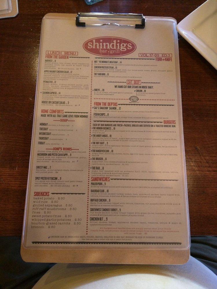 Menu at Shindigs Bar & Grill, Winfield